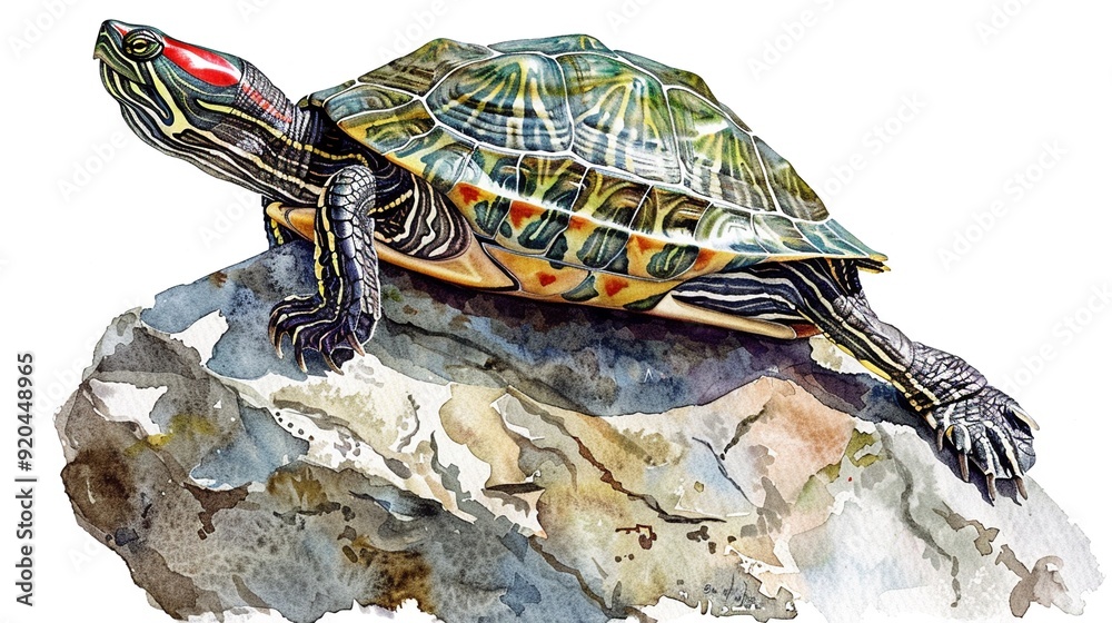 Red eared slider turtle resting on a rock,Clipart, watercolor illustration, Perfect for nursery ...