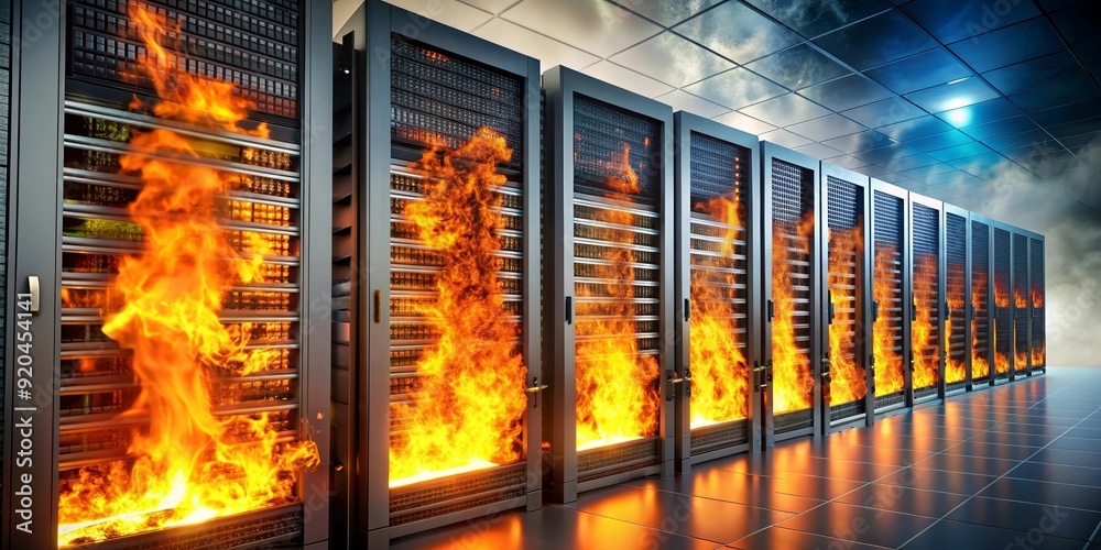 Flames and smoke billowing from burning server racks , fire, disaster ...