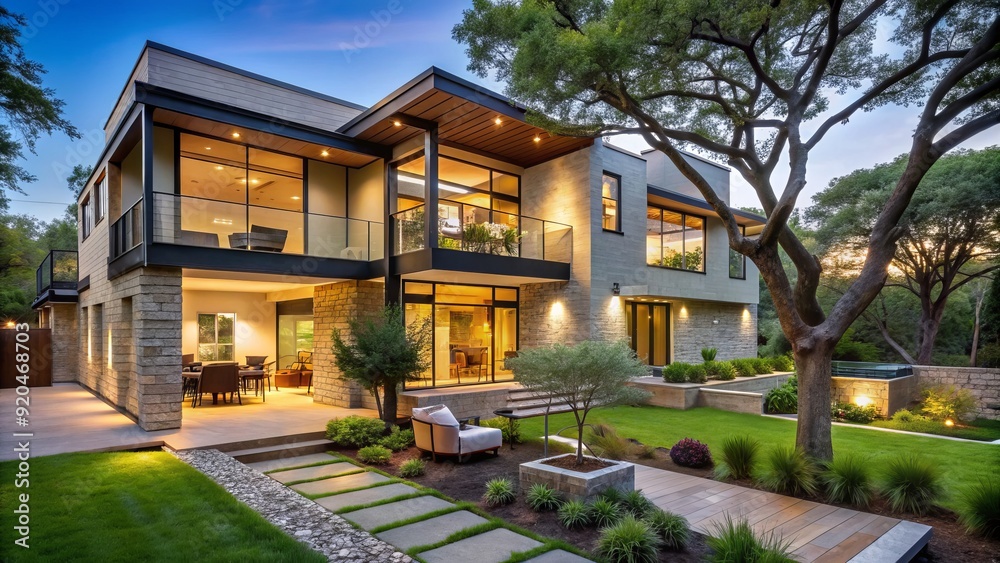 Beautiful modern home with lush greenery and outdoor patio, nestled ...