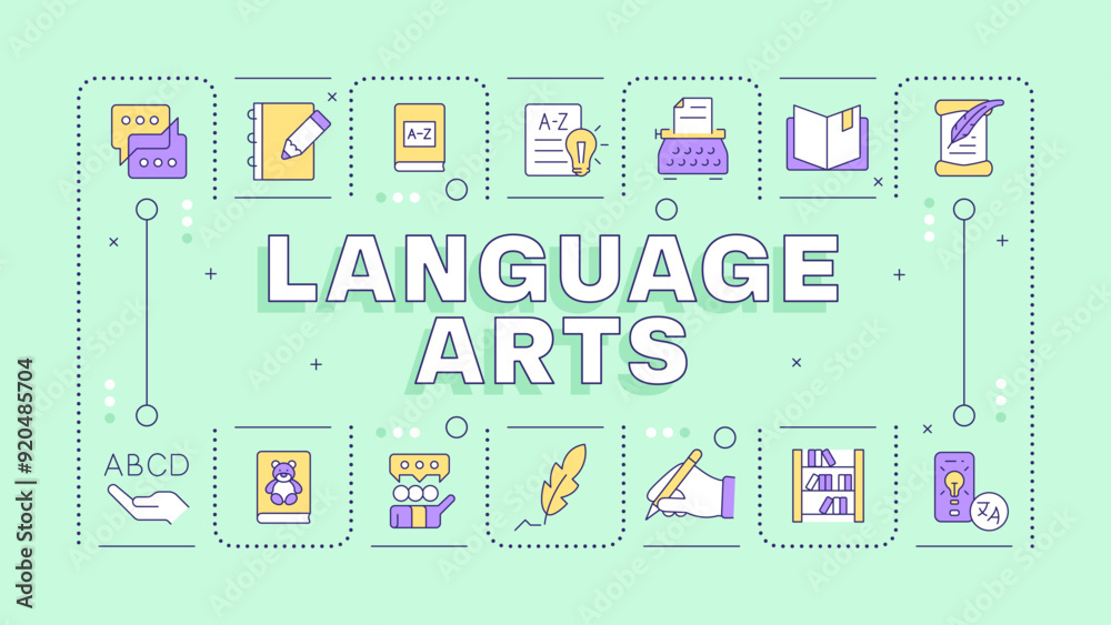 Language arts light green word concept. School subject. Writing and ...