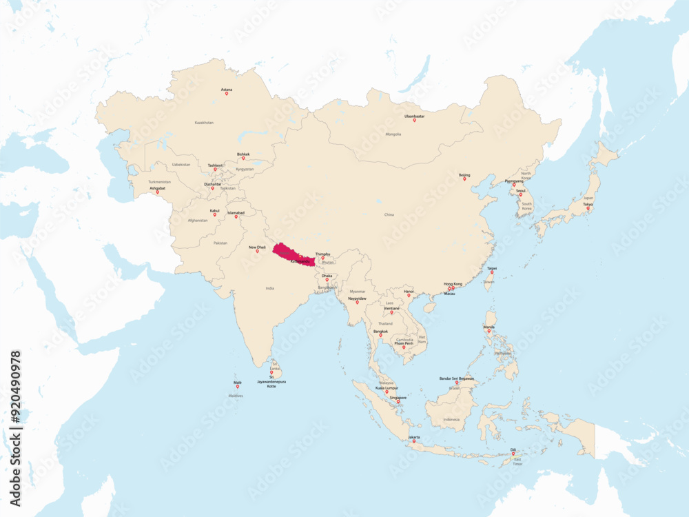 Highlighted map of NEPAL inside detailed blank flat political map of ...