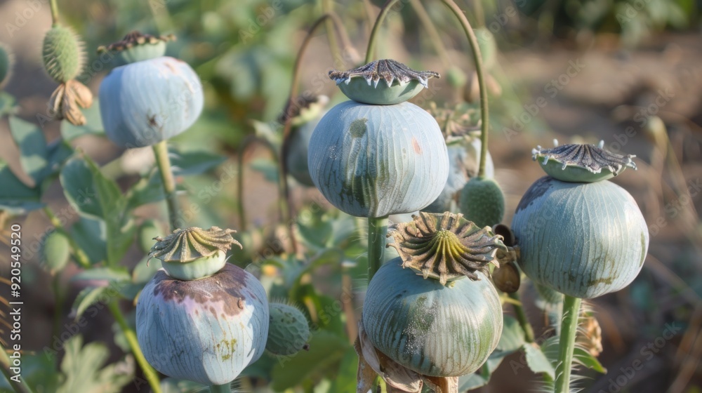 Blossom of purple poppy field against blue cloudy sky. Flowering ...
