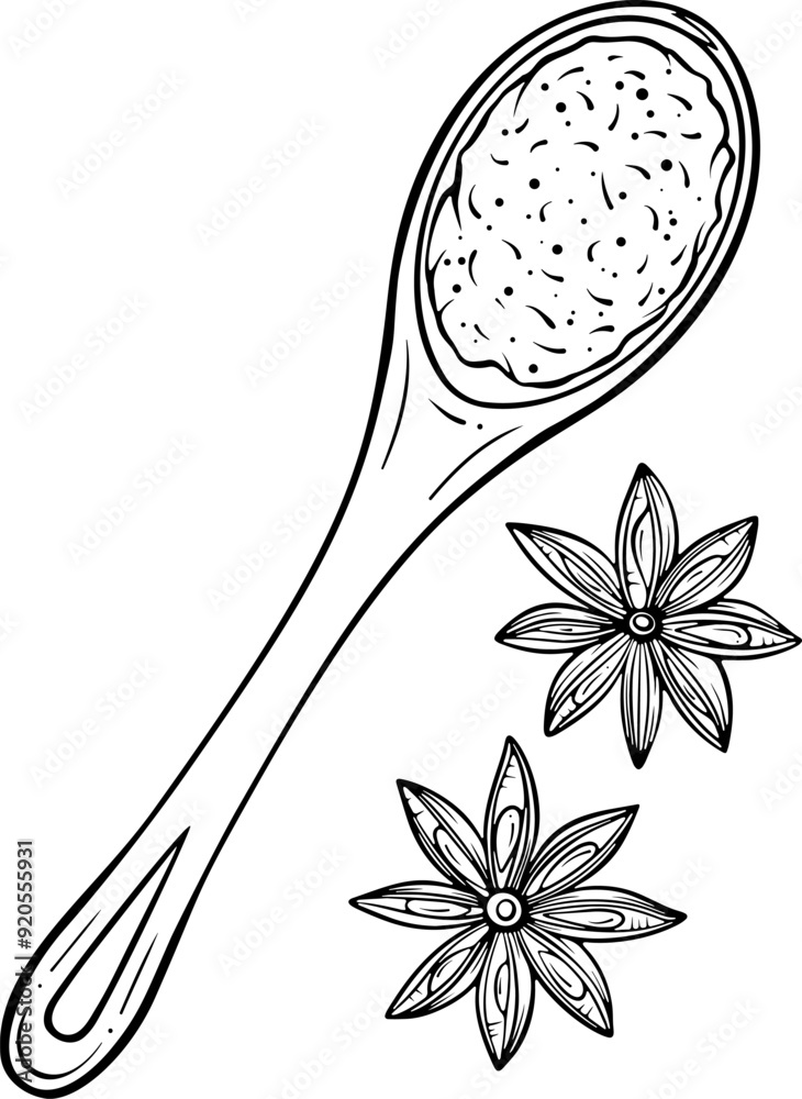 Spoon with ground spices and star anise. Teaspoon with powder cooking ...