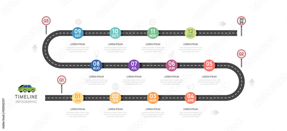 Infographic 2025 road timeline presentation, 12 months. elements ...