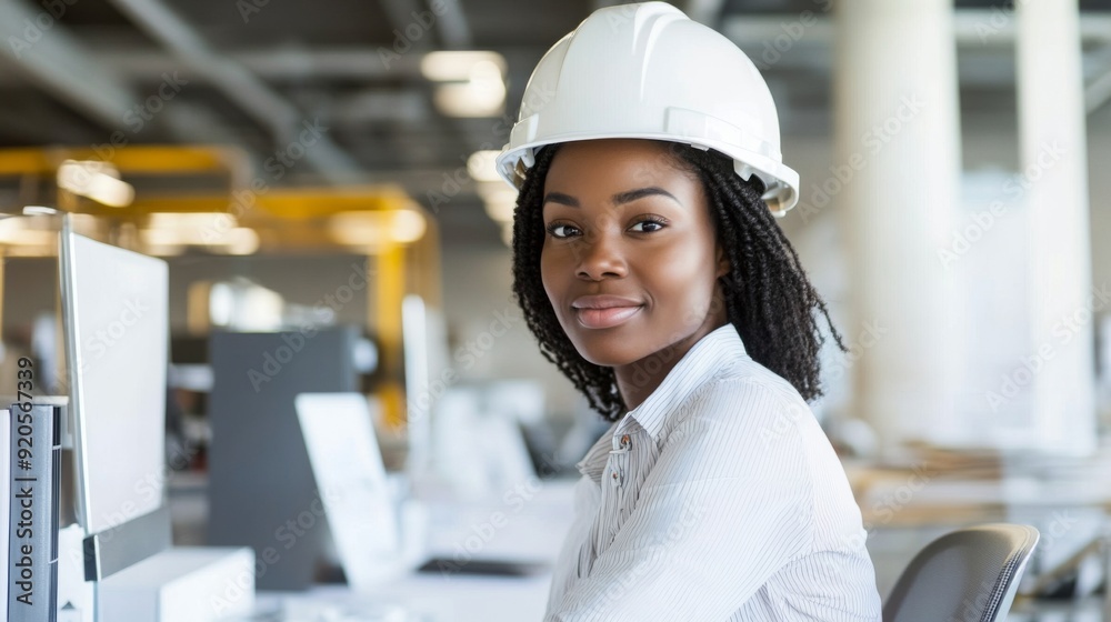 Black female engineer wearing a hardhat and uniforms, Working on a ...