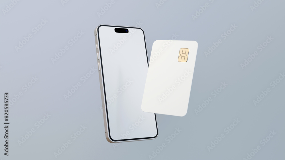 Smartphone and plastic credit card. 3d mobile phone with blank white ...