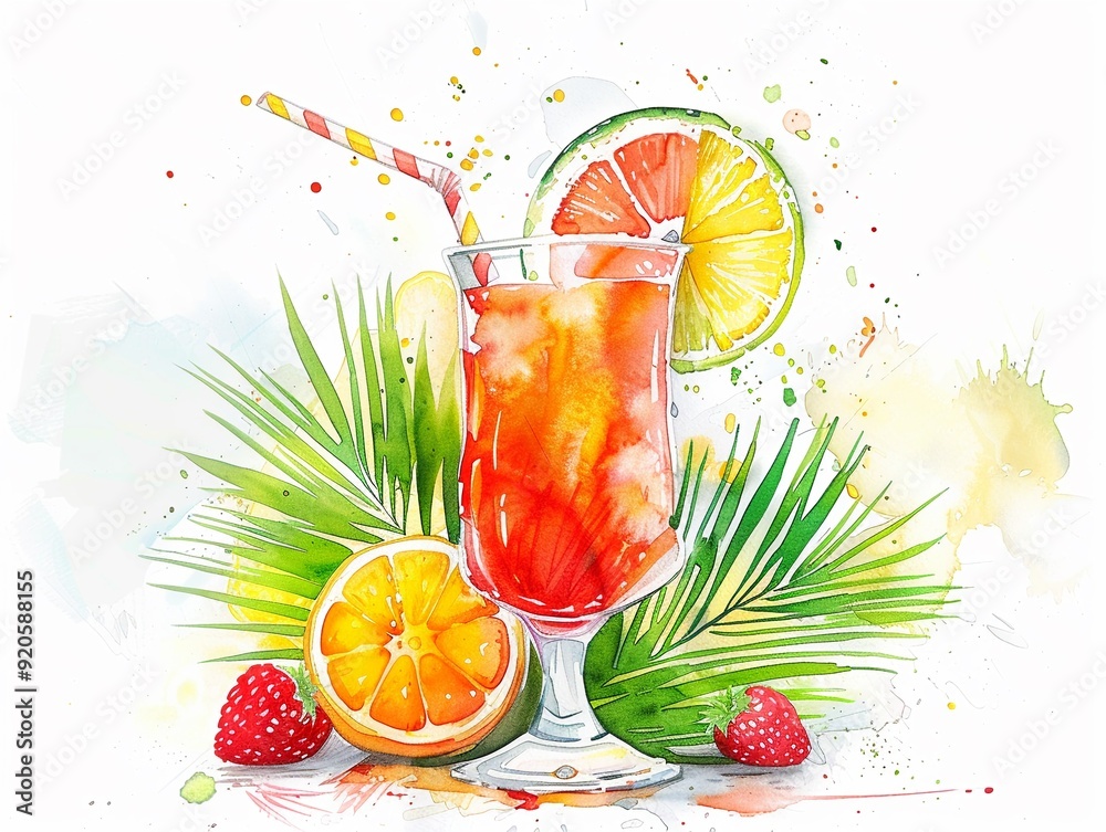 Tropical drink clipart with a slice of fruit,Clipart, watercolor ...
