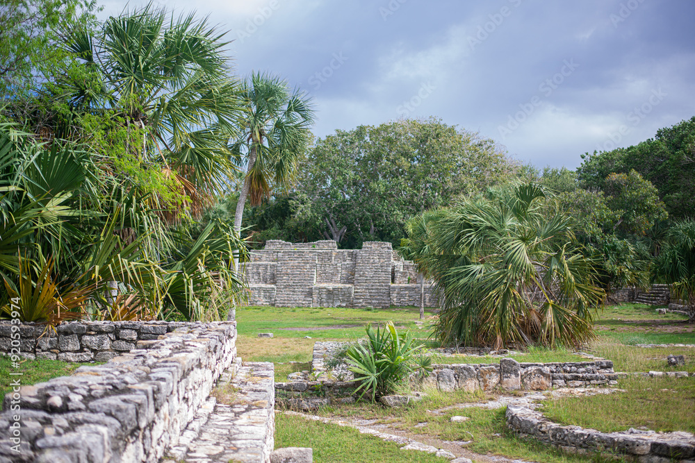 complex of mayan pyramids with wide impressive steep stairs in ancient ...