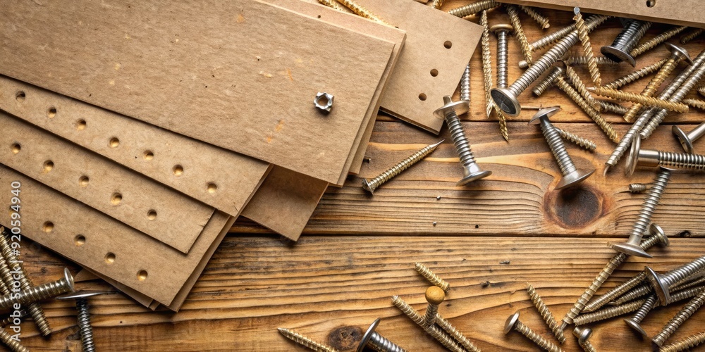 Rustic DIY project background with unfinished chipboard sheets and ...
