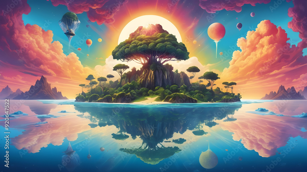 Surreal image of a floating island in the sky, where the island's ...