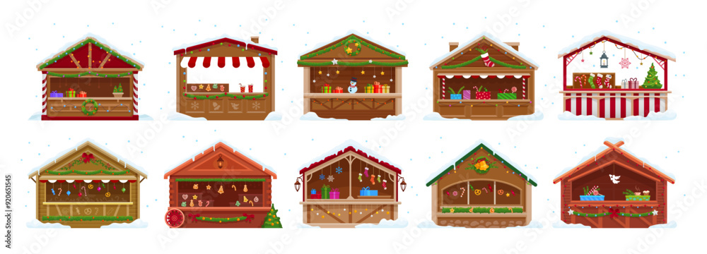 Christmas market stall booth, winter holiday fair village with wooden ...