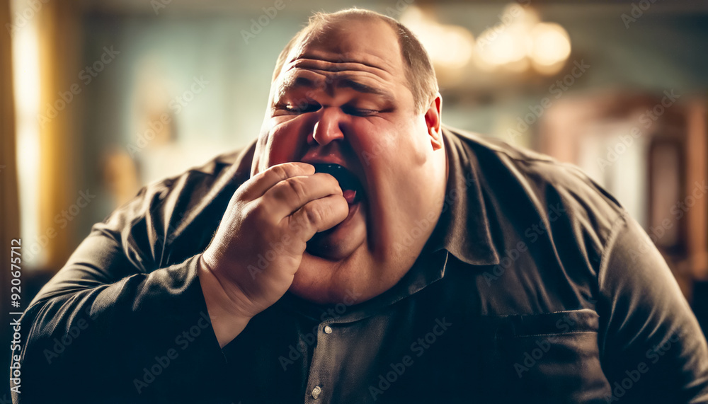 Mature fat man is eating a hamburger and fries in a fast food ...