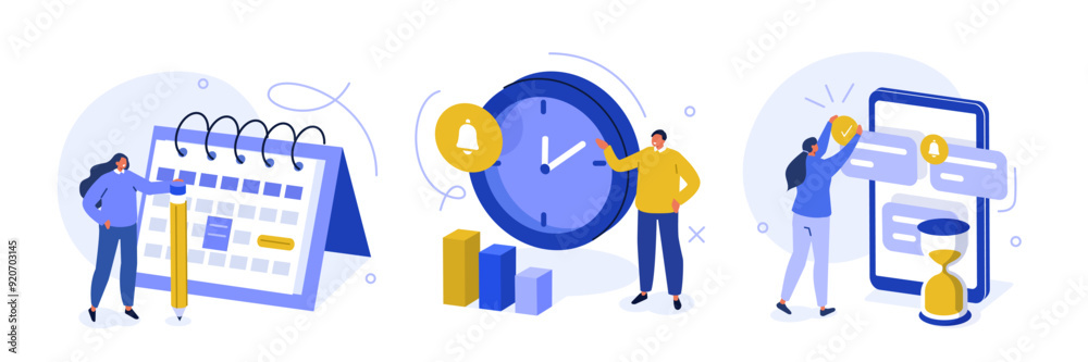 Business set. Characters planning schedule and work time. Task ...