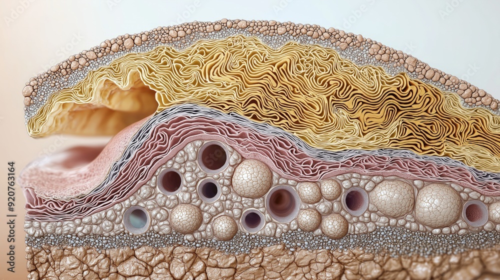 Detailed illustration of human skin layers, showcasing texture and ...