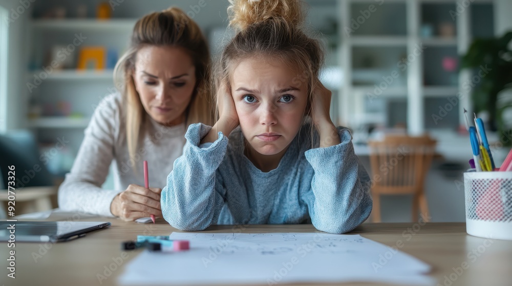 A frustrated girl and her mom struggling with homework at home, little ...
