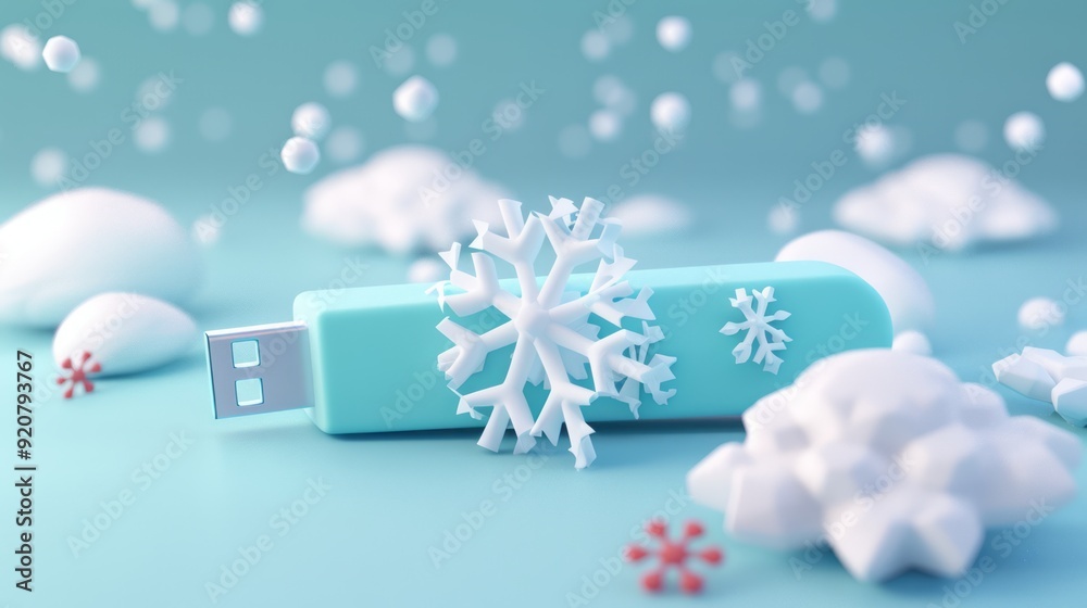 Isometric USB stick emoji with retrieved snowflake on it, soft lighting ...