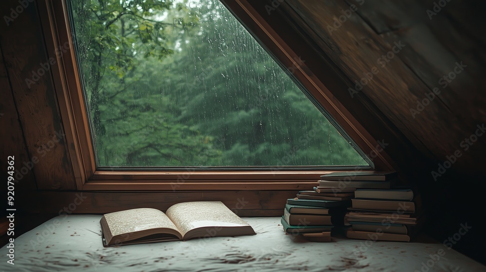 Cozy reading nook by the rain-soaked window with an open book and ...