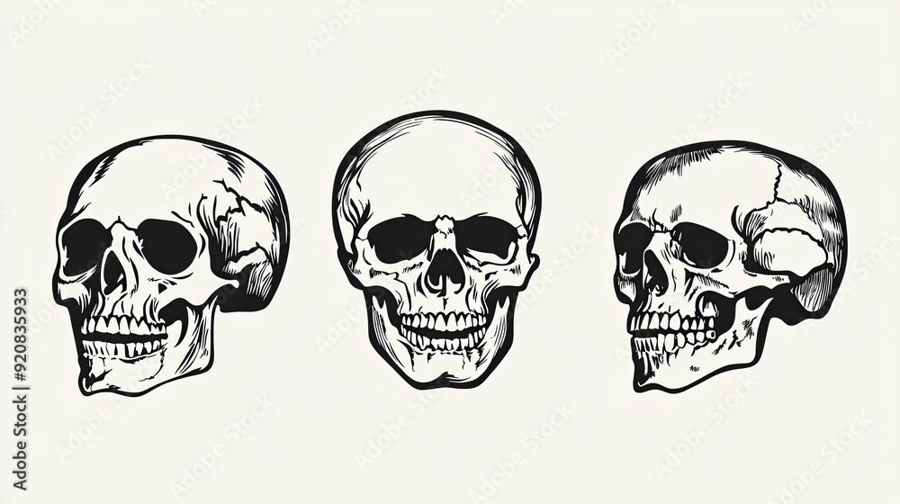 Silhouette Drawings of Three Human Skulls Showing Different Angles and ...