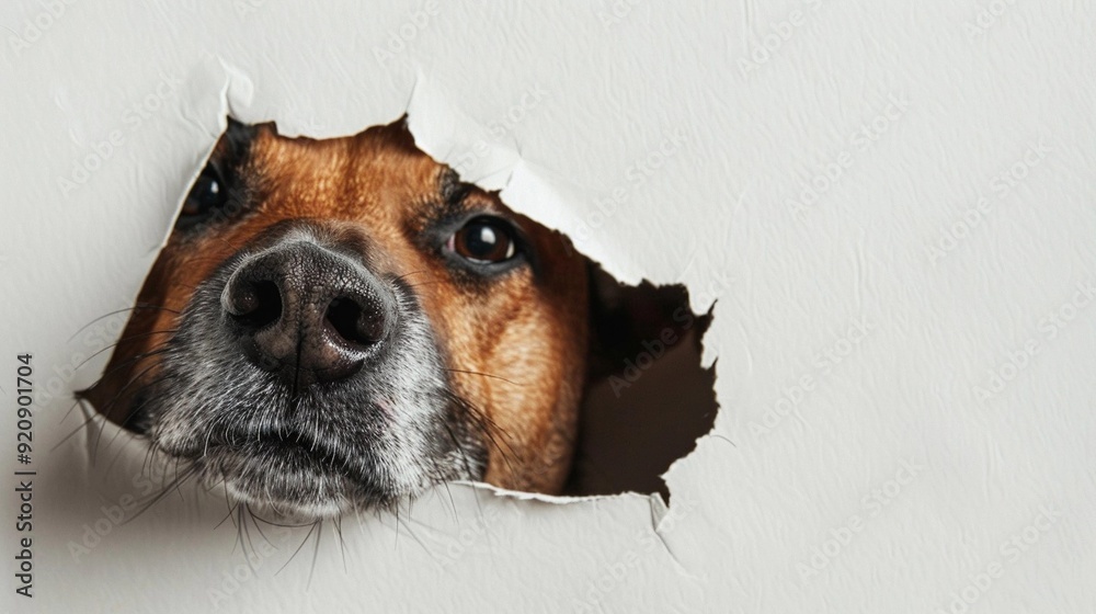 dog nose poking out of torn white paper background with free space on ...