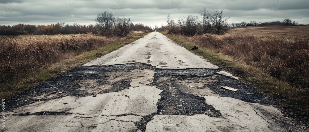 Abandoned cracked and uneven rural road winding through the desolate ...