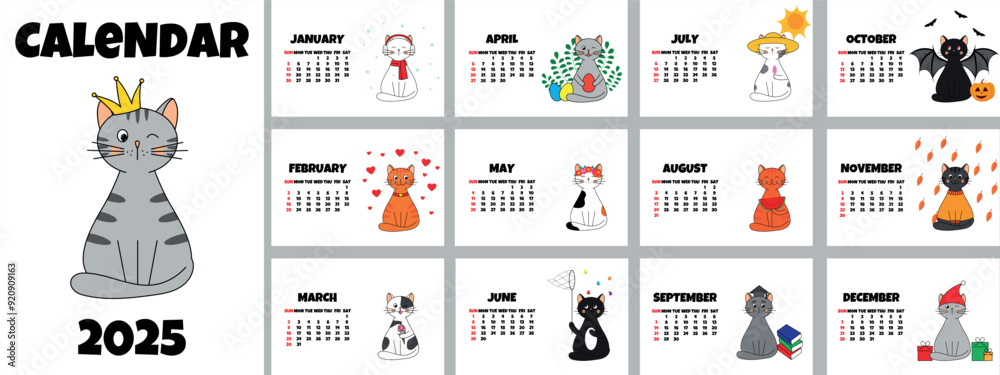 Wall calendar for 2025 with cute flat style cats. Different cats for ...