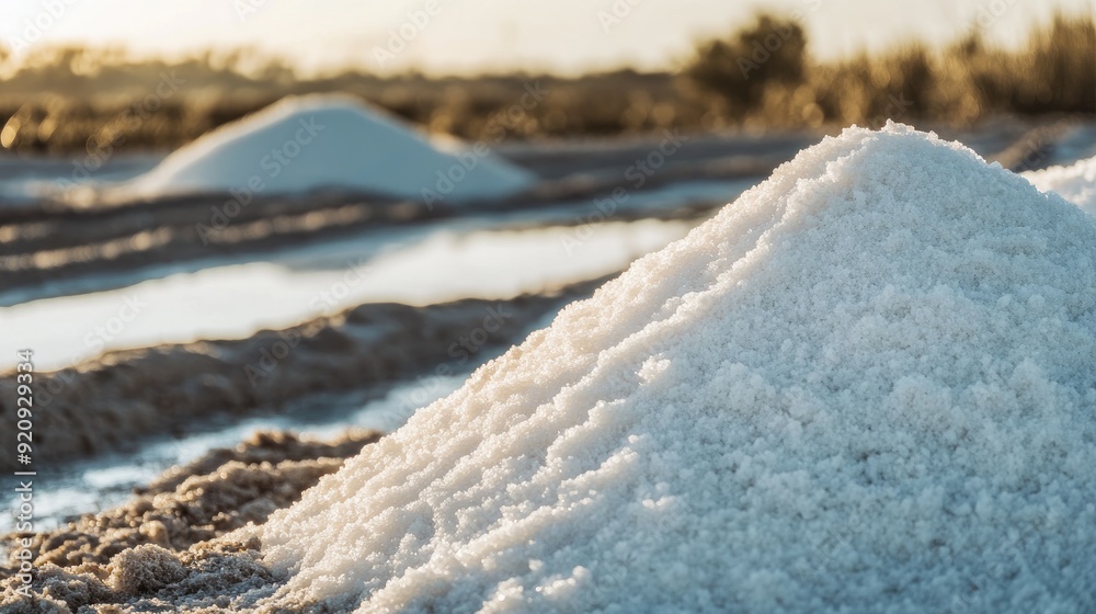 A close-up of a salt pile in a salt field, representing the natural and ...