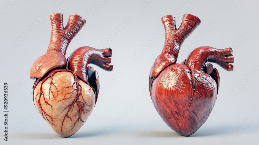 Anatomy of the human heart, shown from the front and side views, in 3D ...