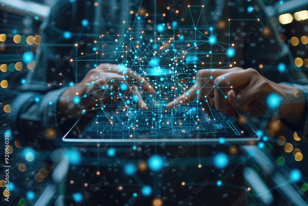 Admin uses tablet in server hub to maintain AI neural networks ...