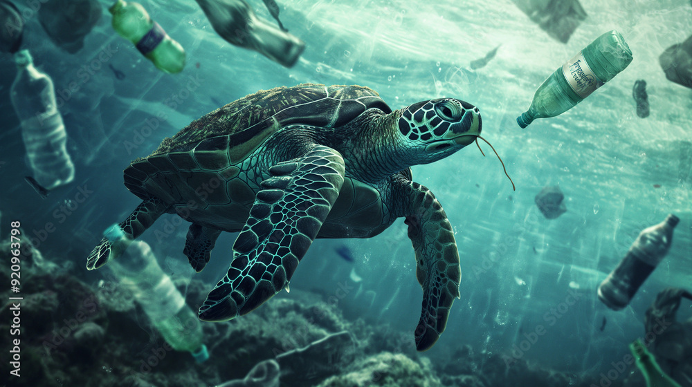 A sea turtle swimming with plastic bottles in the polluted ocean with ...