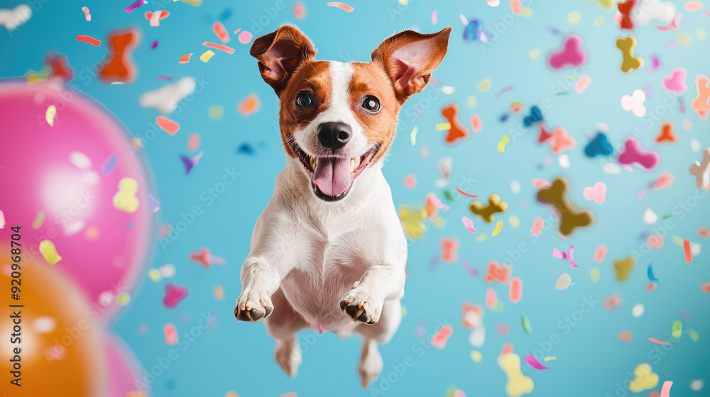 Playful dog jumping toward the camera on a bright blue background with ...