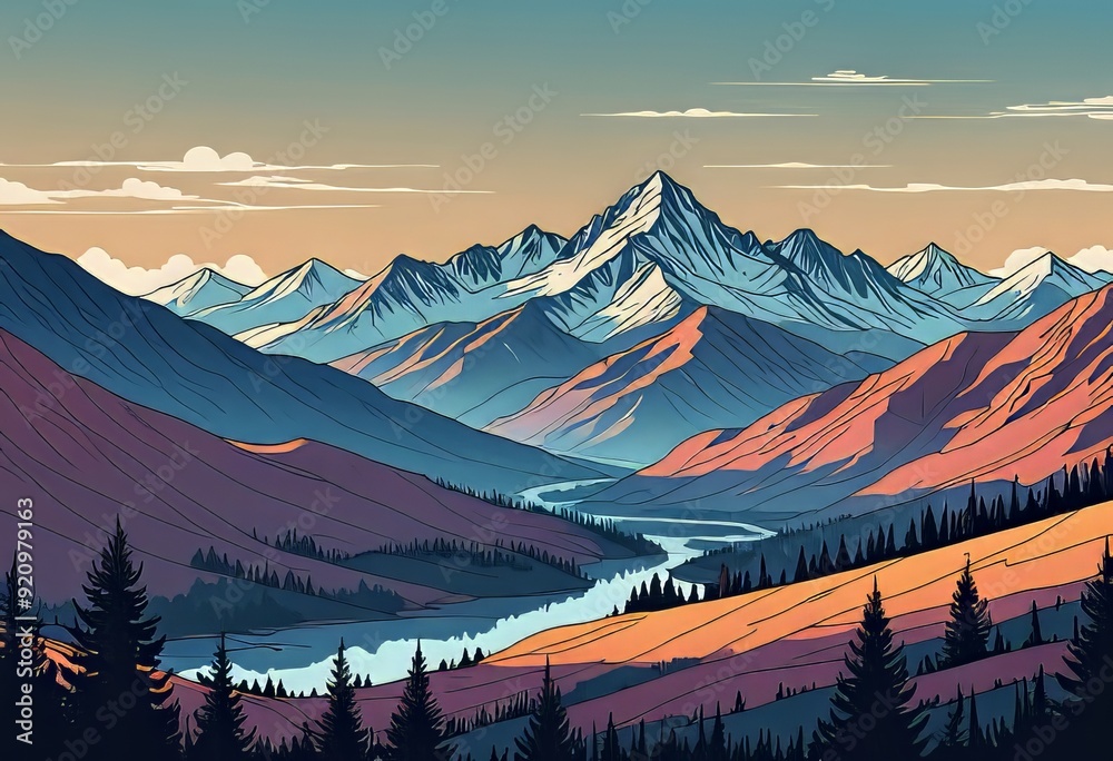 ilustración de paisaje de arte lineal Stock Photo | Adobe Stock