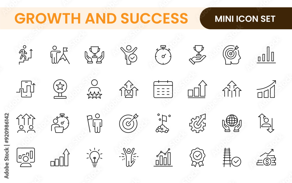 Growth and Success modern outline style icons set. Successful business ...