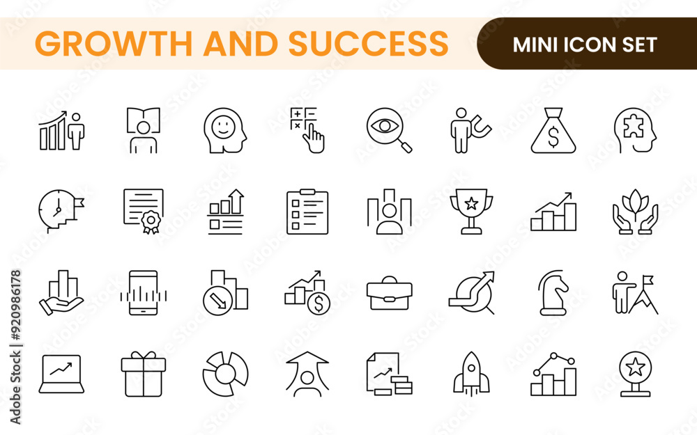 Growth and Success modern outline style icons set. Successful business ...