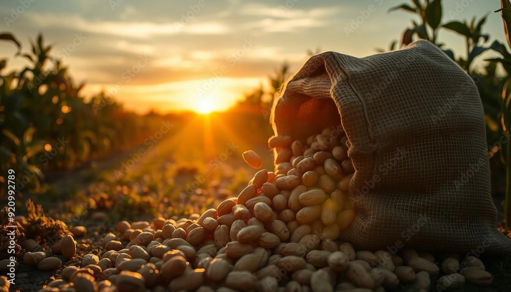 Close-up of roasted peanuts spilling from a jute sack onto a wooden ...