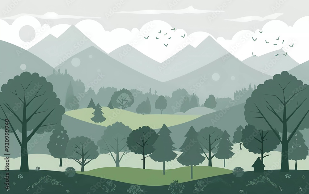 A flat vector illustration of a forest landscape with mountains in the ...