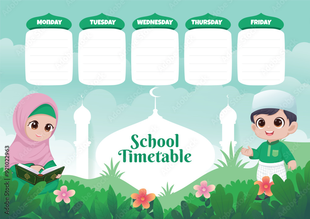 Muslim school timetable template, a pair of Muslim children with a ...
