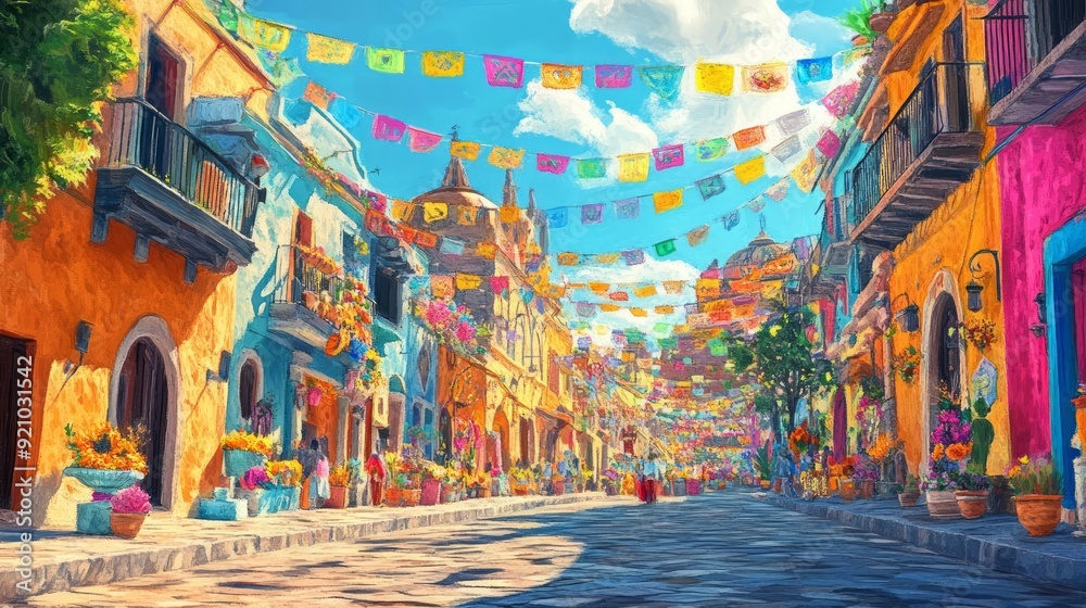 Vibrant street scene with colorful buildings, festive decorations, and ...