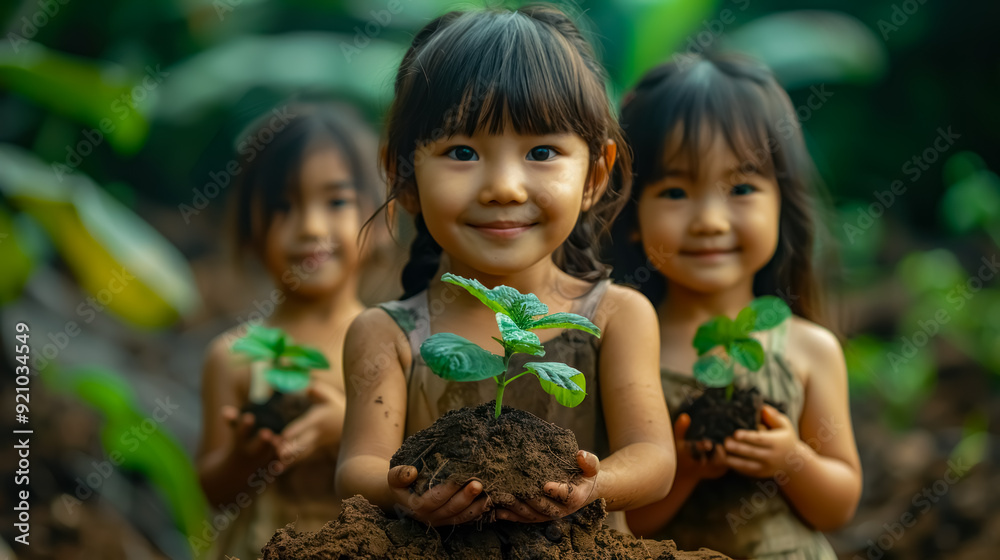 Three girls unite in caring for a small plant growing from soil ...