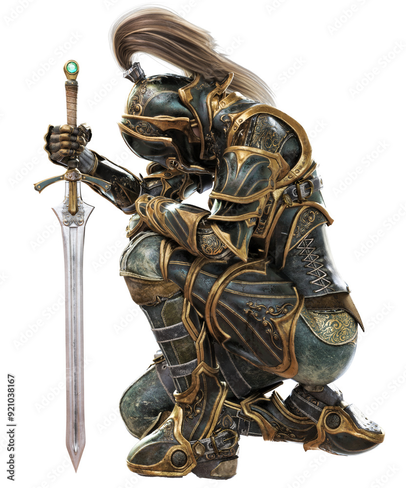 Female warrior knight kneeling wearing decorative regal metal armor ...