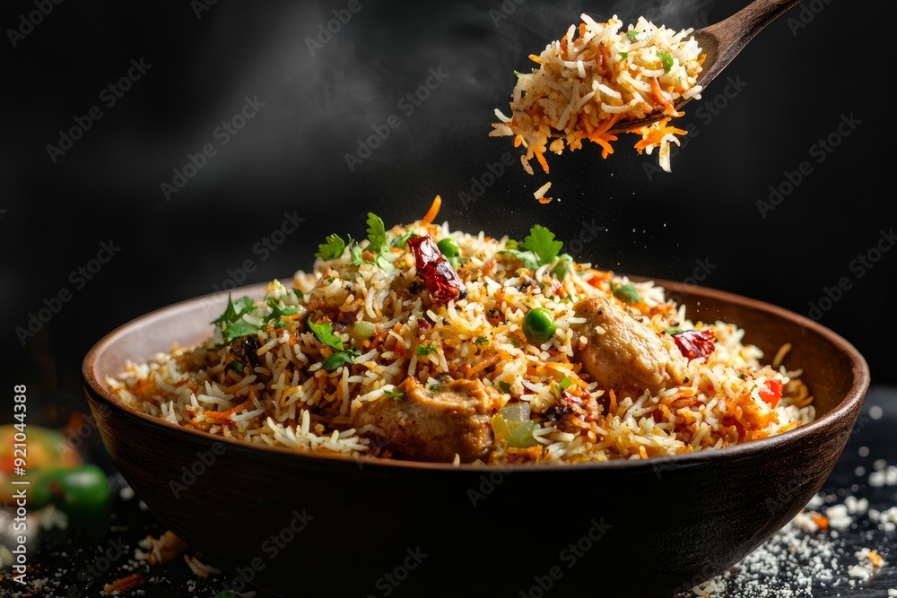 indian chicken biryani, Spicy chicken biryani food photography, flying ...