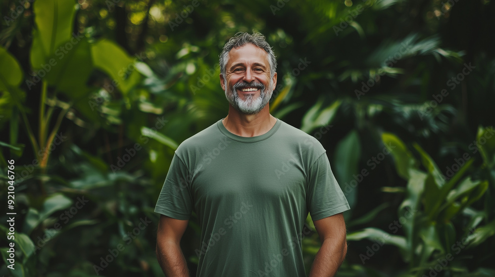 A joyful man beaming with happiness in a vibrant tropical setting ...