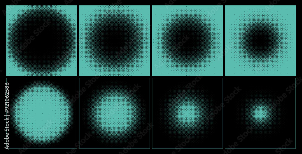 Bitmap dither radial gradient. Glowing pixelated circle, Retro video ...
