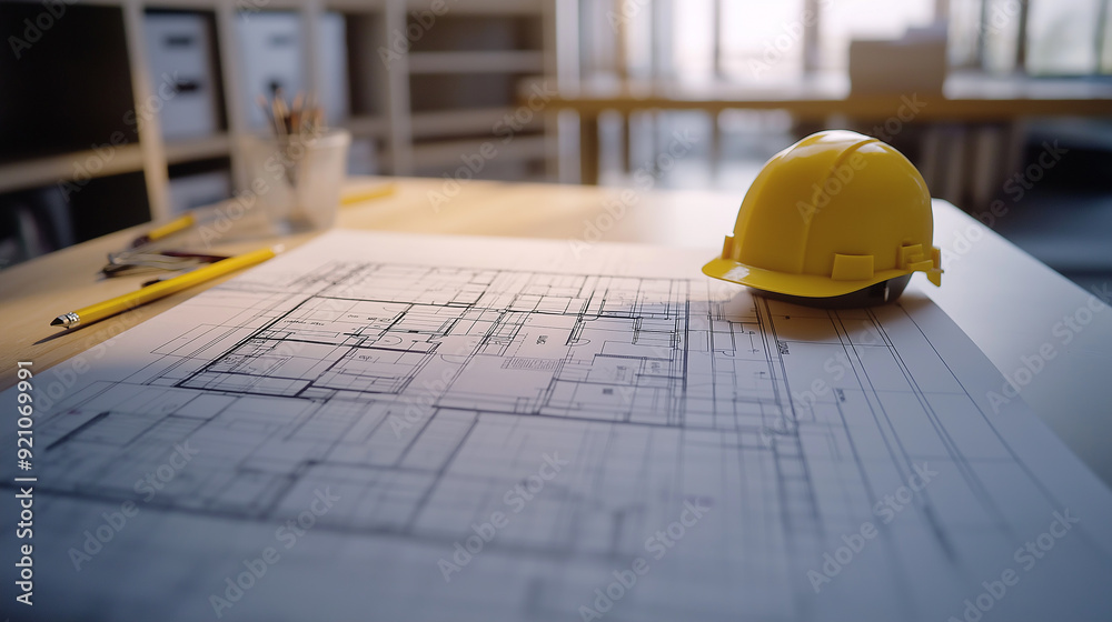 Architectural Blueprint Floor Plan Laid Out on Table with Yellow Helmet ...