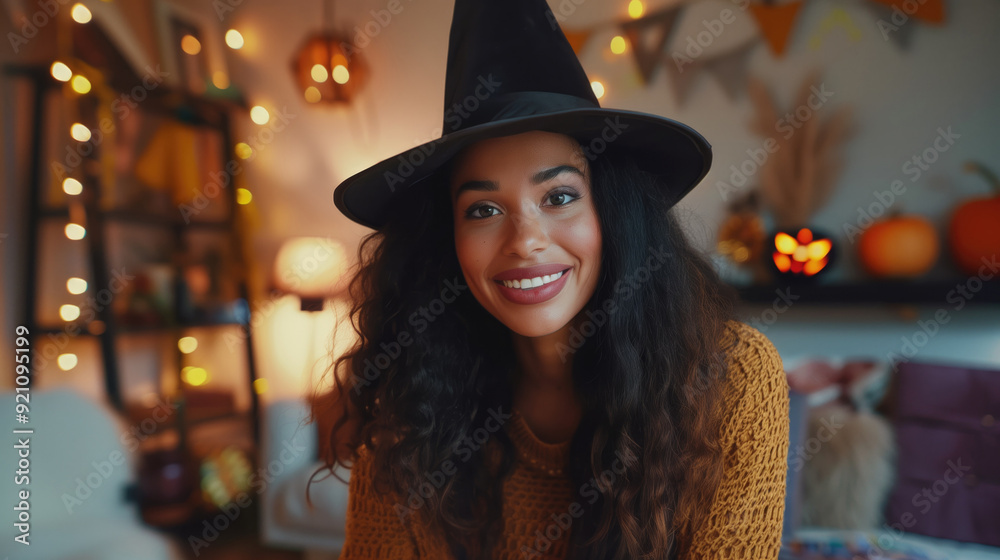 Woman influencer wearing witch costume and live streaming at home. She ...