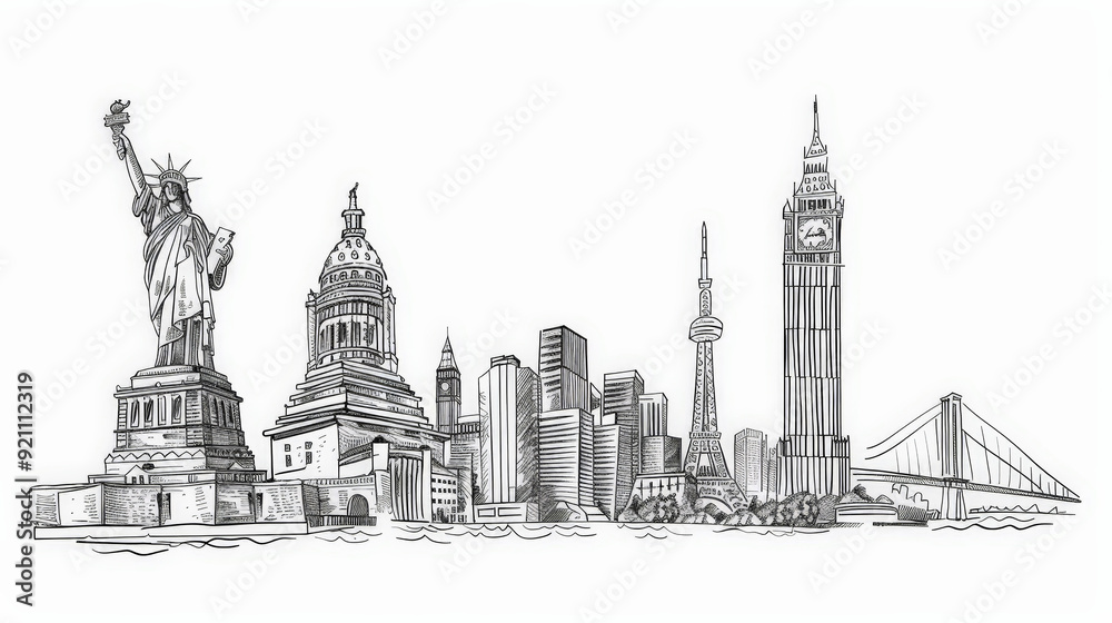 line drawing of famous world landmarks Stock Illustration | Adobe Stock