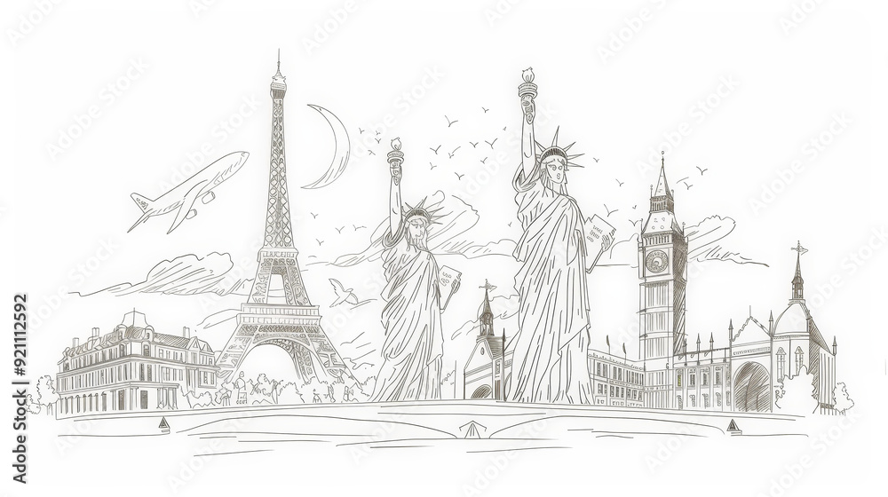 line drawing of famous world landmarks Stock Illustration | Adobe Stock