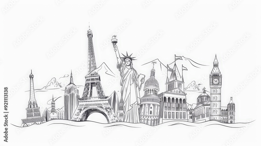 line drawing of famous world landmarks Stock Illustration | Adobe Stock
