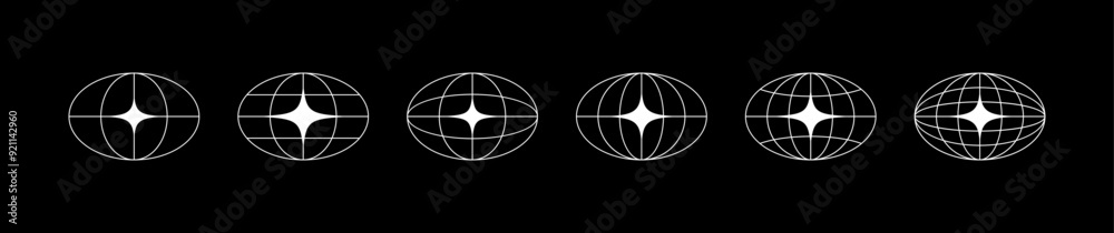 Vector de Stock World globe grids in oval form with stars shapes. Linear striped spheres, earth ...