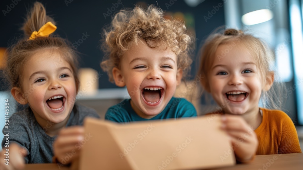 Three laughing children holding a paper craft, engaging in arts and ...