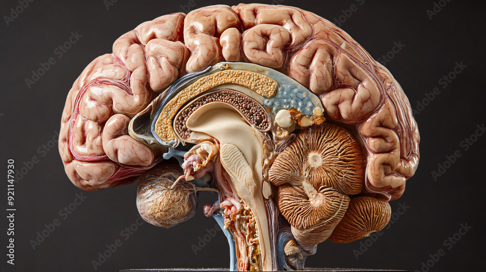 Anatomical cross-section of the human brainstem showing detailed ...